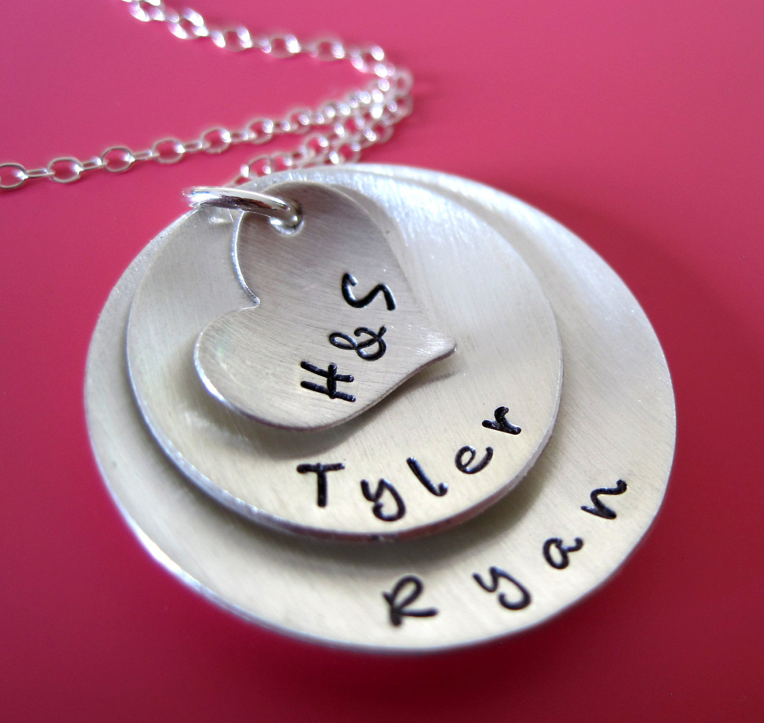 Initials On Heart With Sterling Silver Discs - Hand Stamped Jewelry ...